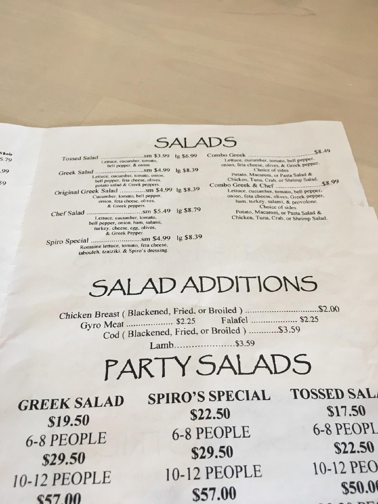 Menu at Spiros Cafe, South Pasadena