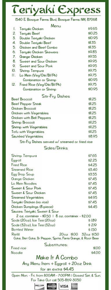 Menu at Teriyaki Express restaurant, Bosque Farms, Bosque Farms Blvd # E