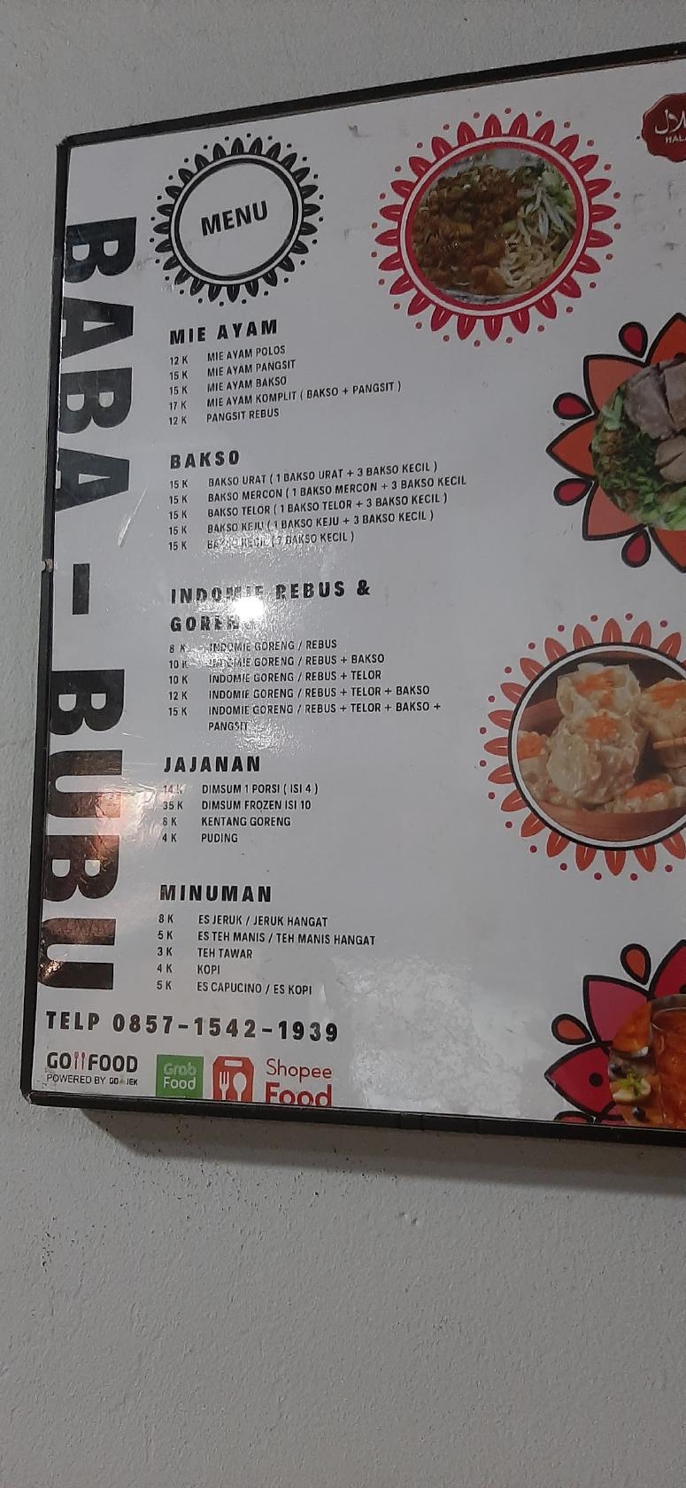 Menu at Warkop BABA BUBU cafe, West Jakarta