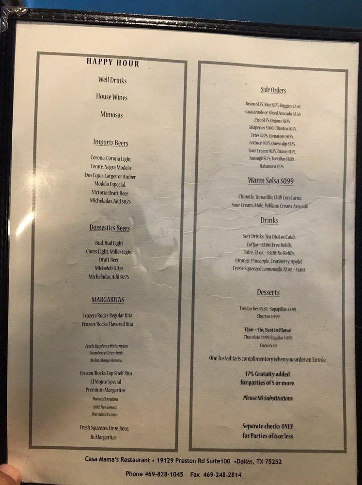 Menu at Casa Mama's Restaurant, Dallas