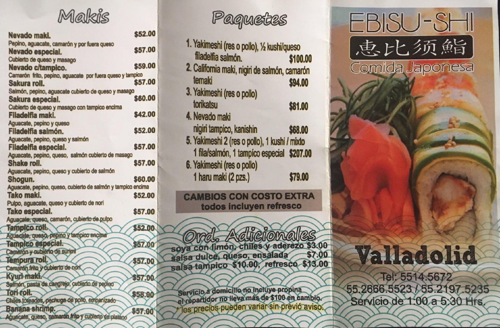 Carta del restaurante Ebisu Sushi, Ciudad del México, Valladolid & Tabasco