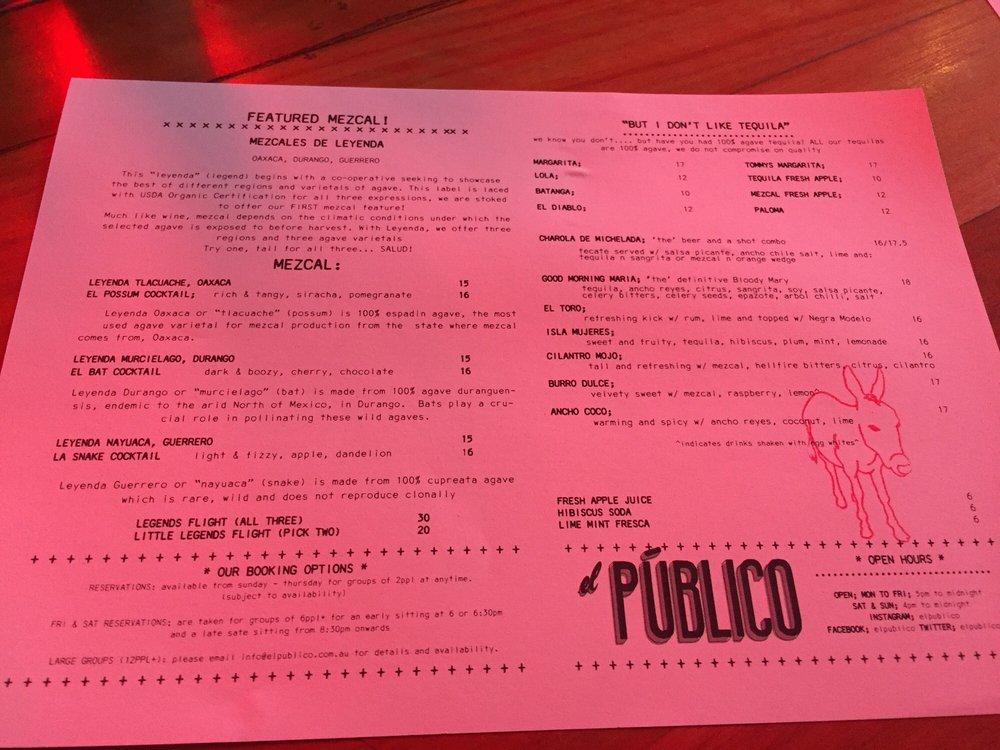 Menu at el Publico, Highgate