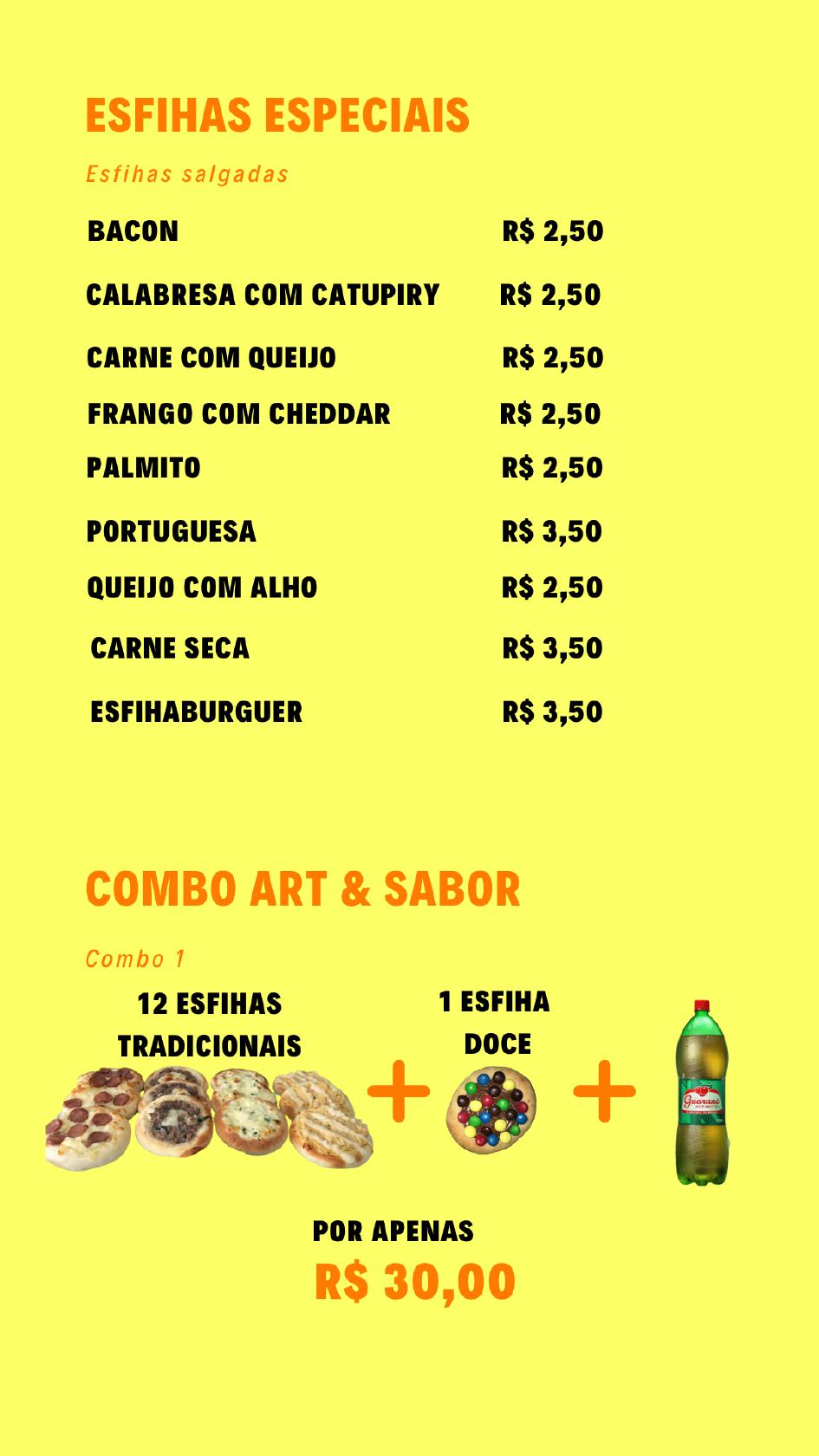 Menu at Esfiharia Art & Sabor restaurant, Rio de Janeiro