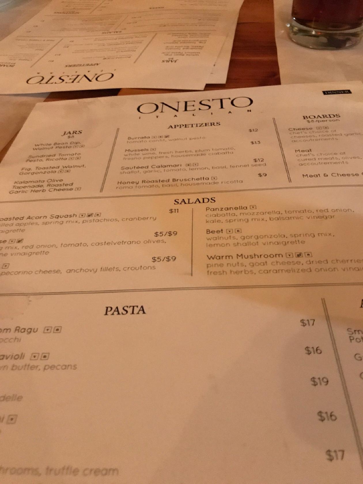 Carta del pub y bar Onesto, Milwaukee