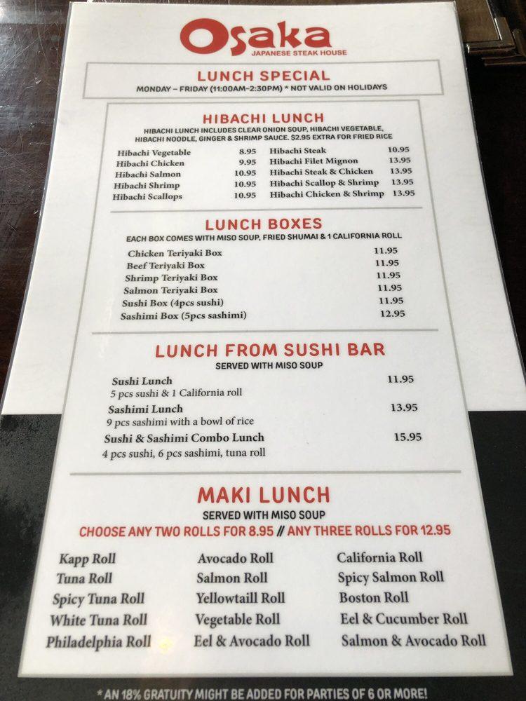 Menu at Osaka Sushi and Hibachi restaurant, Woodbury