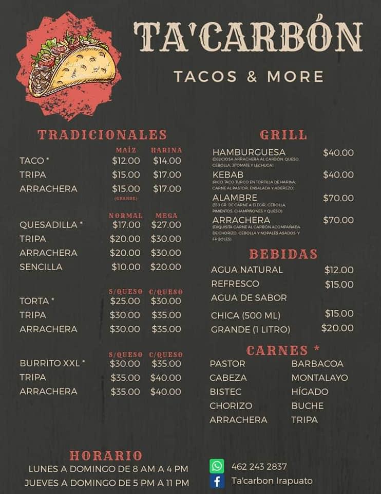 Menu at Ta'carbon Irapuato restaurant, Aldama