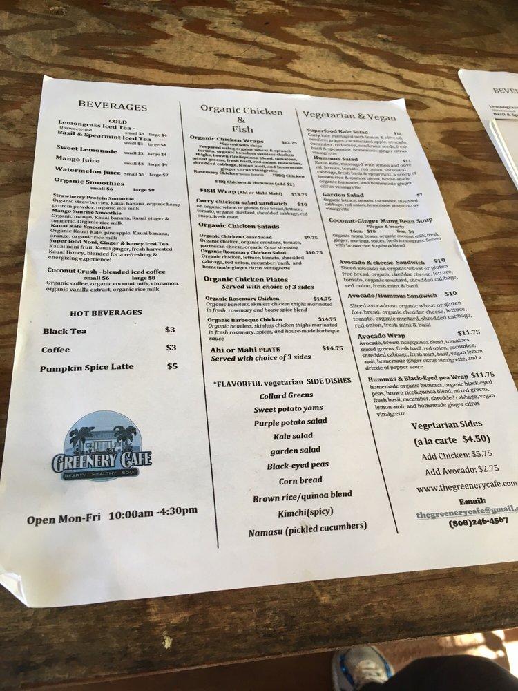 Menu at The Greenery Cafe, Lihue