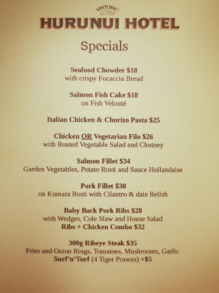 Menu at The Hurunui Hotel cafe, Hurunui