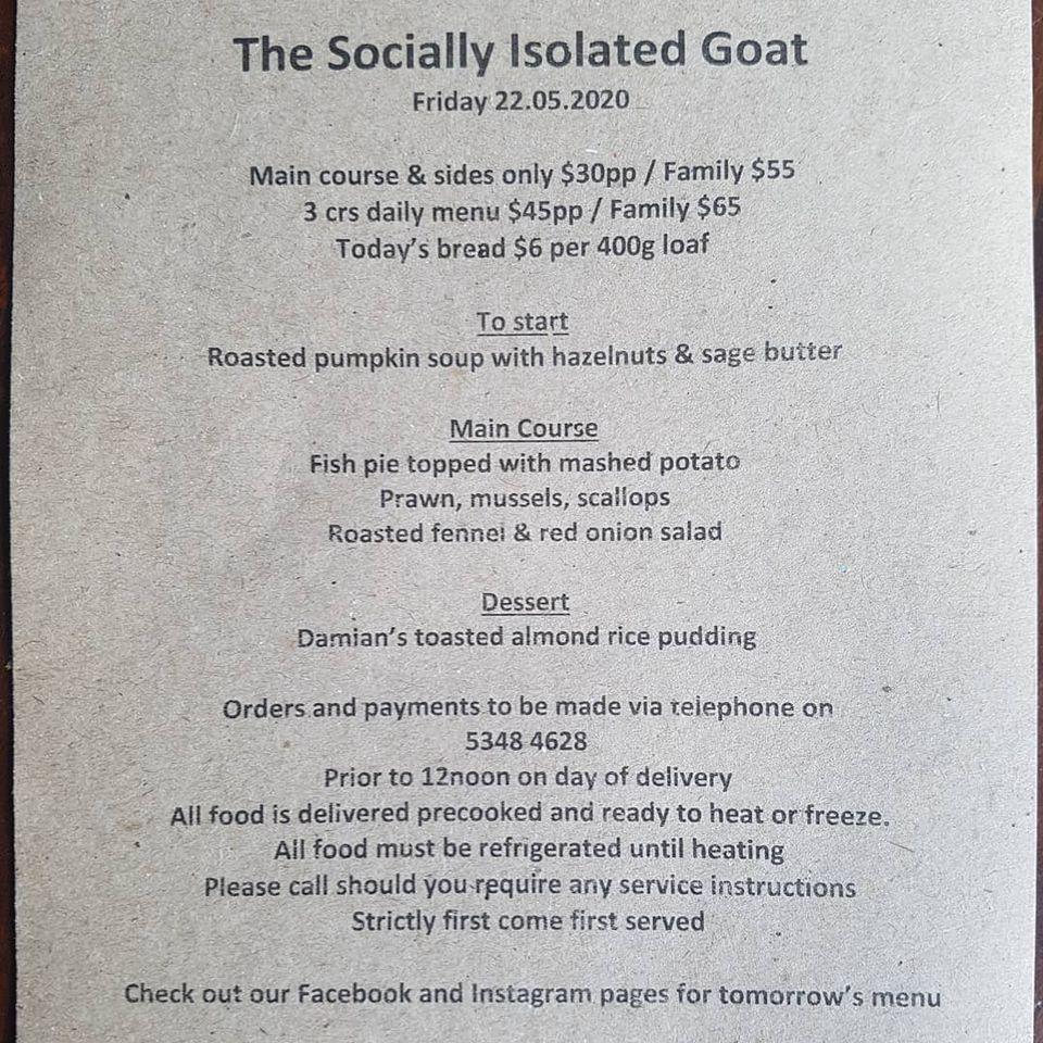 Menu at The Surly Goat restaurant, Hepburn Springs