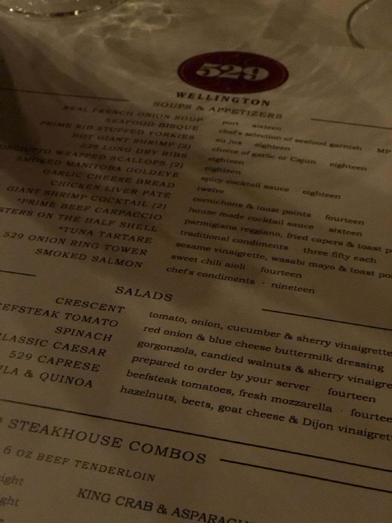 Menu at 529 Wellington Steakhouse, Winnipeg