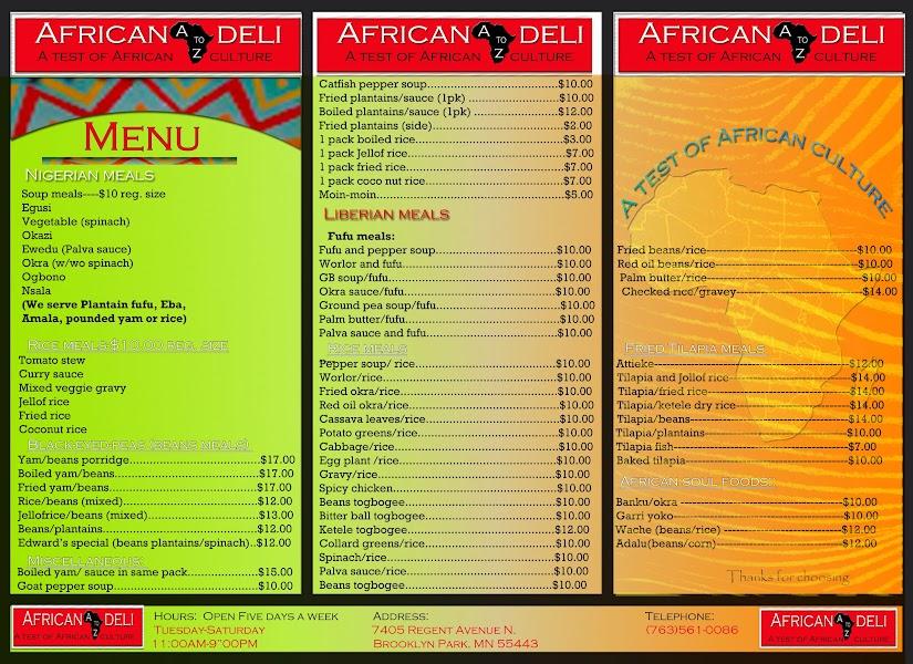 Menu at African Deli restaurant, Brooklyn Center, Brooklyn Blvd #13