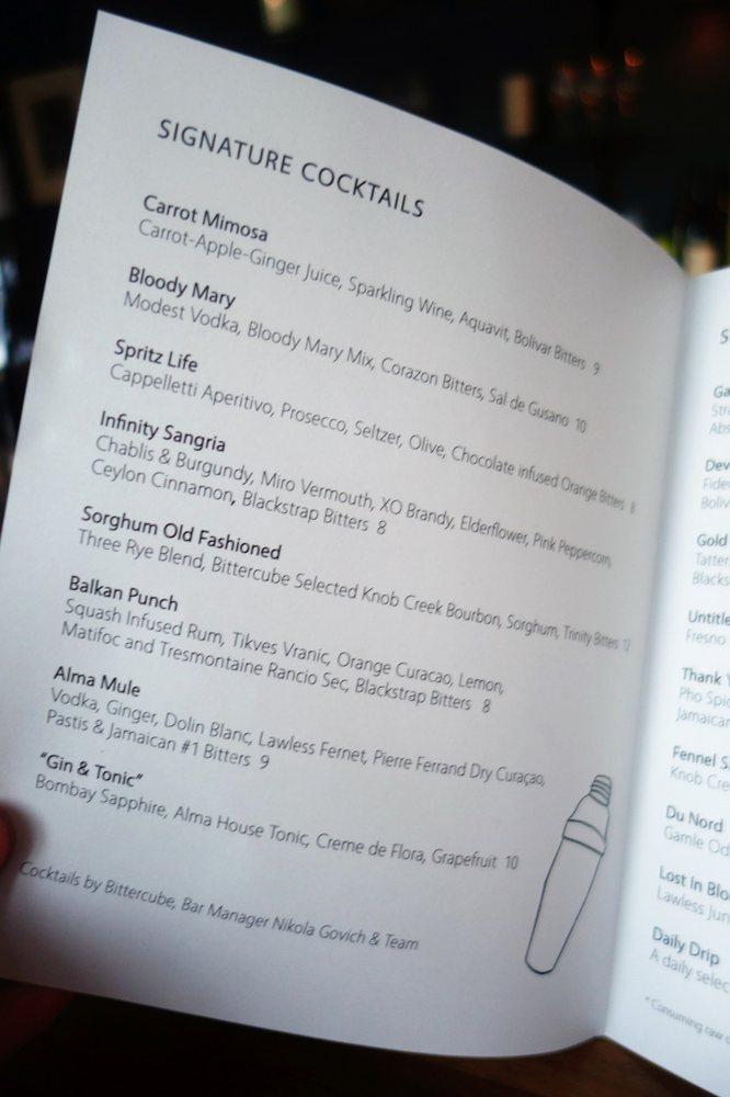 Menu at Alma cafe, Minneapolis, 528 University Ave SE