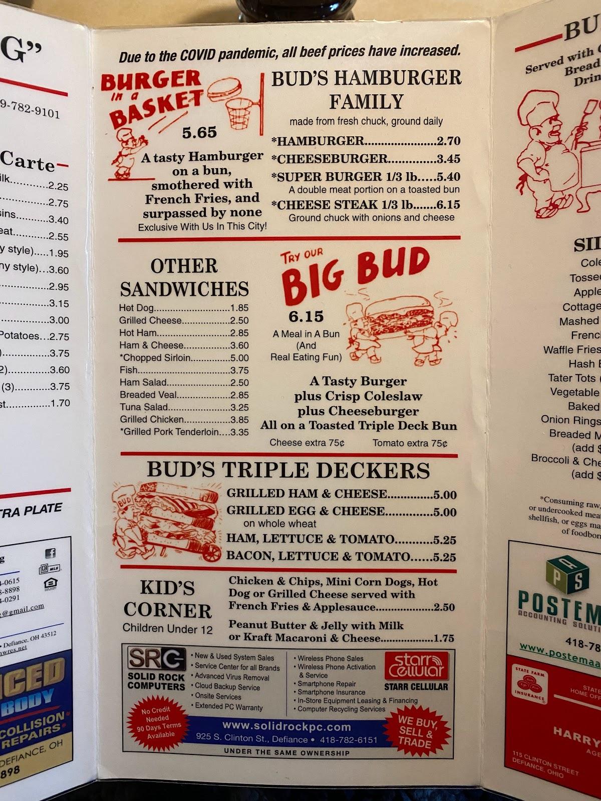 Menu at Bud's Restaurant, Defiance