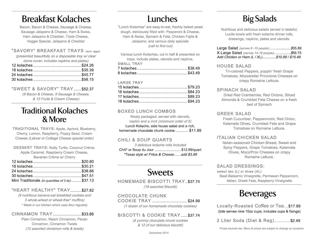 Menu at Cafe Kolache, Beaver