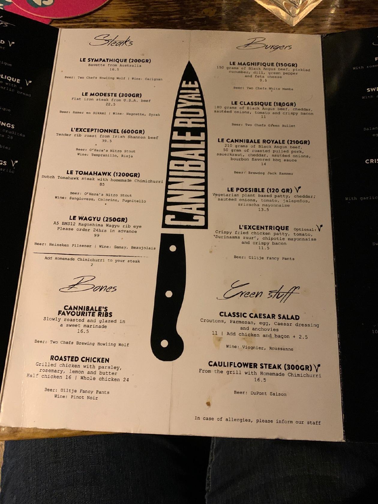 Menu at Cannibale Royale Handboogstraat, Amsterdam, Handboogstraat 17a