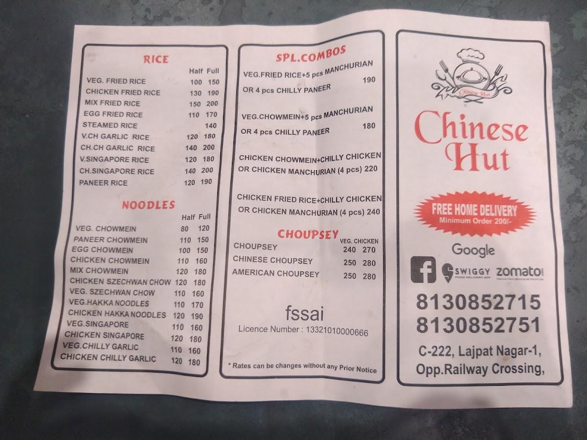Menu at Chinese Hut, New Delhi, C-222
