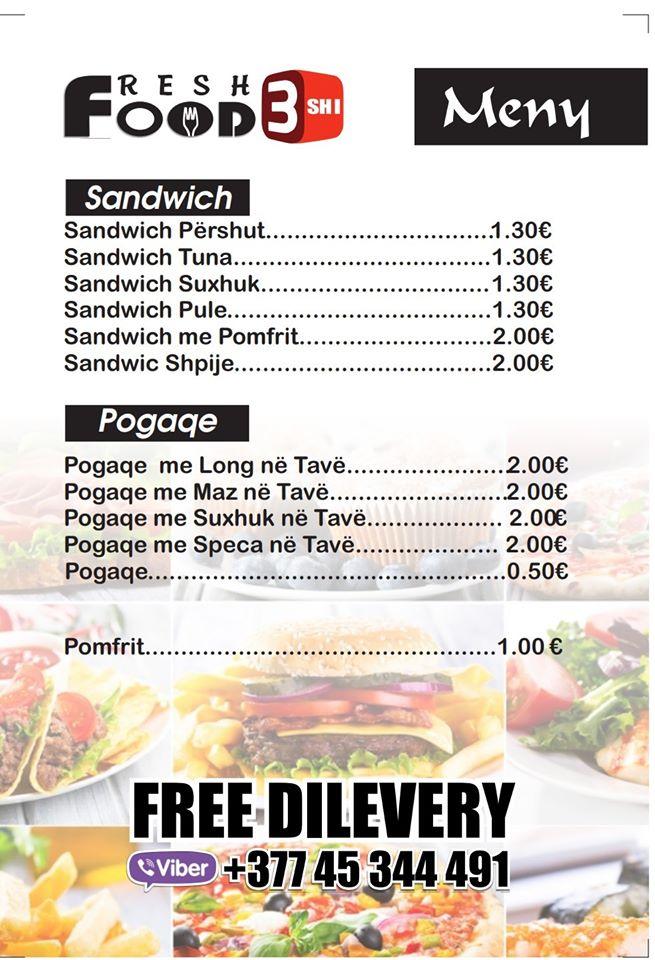 Menu at Fresh Food 3-shi restaurant, Prishtina