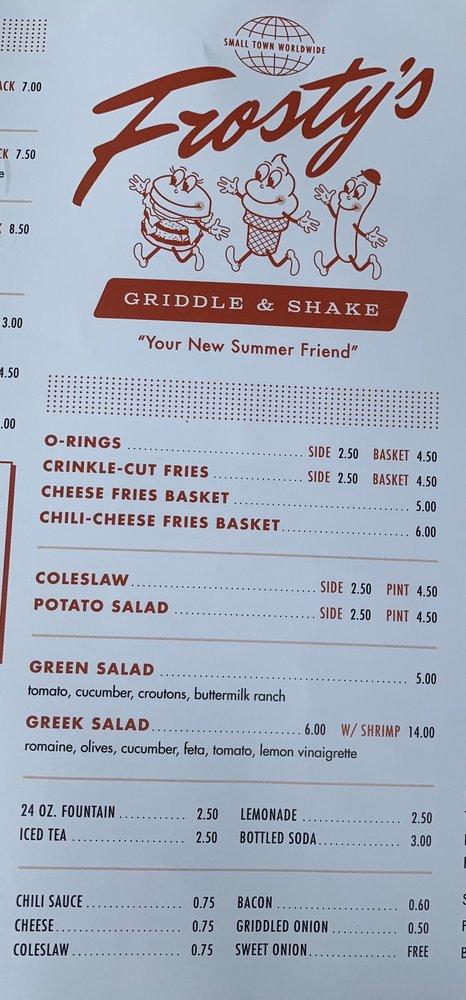 Menu at Frosty’s Griddle and Shake restaurant, Saint Simons Island