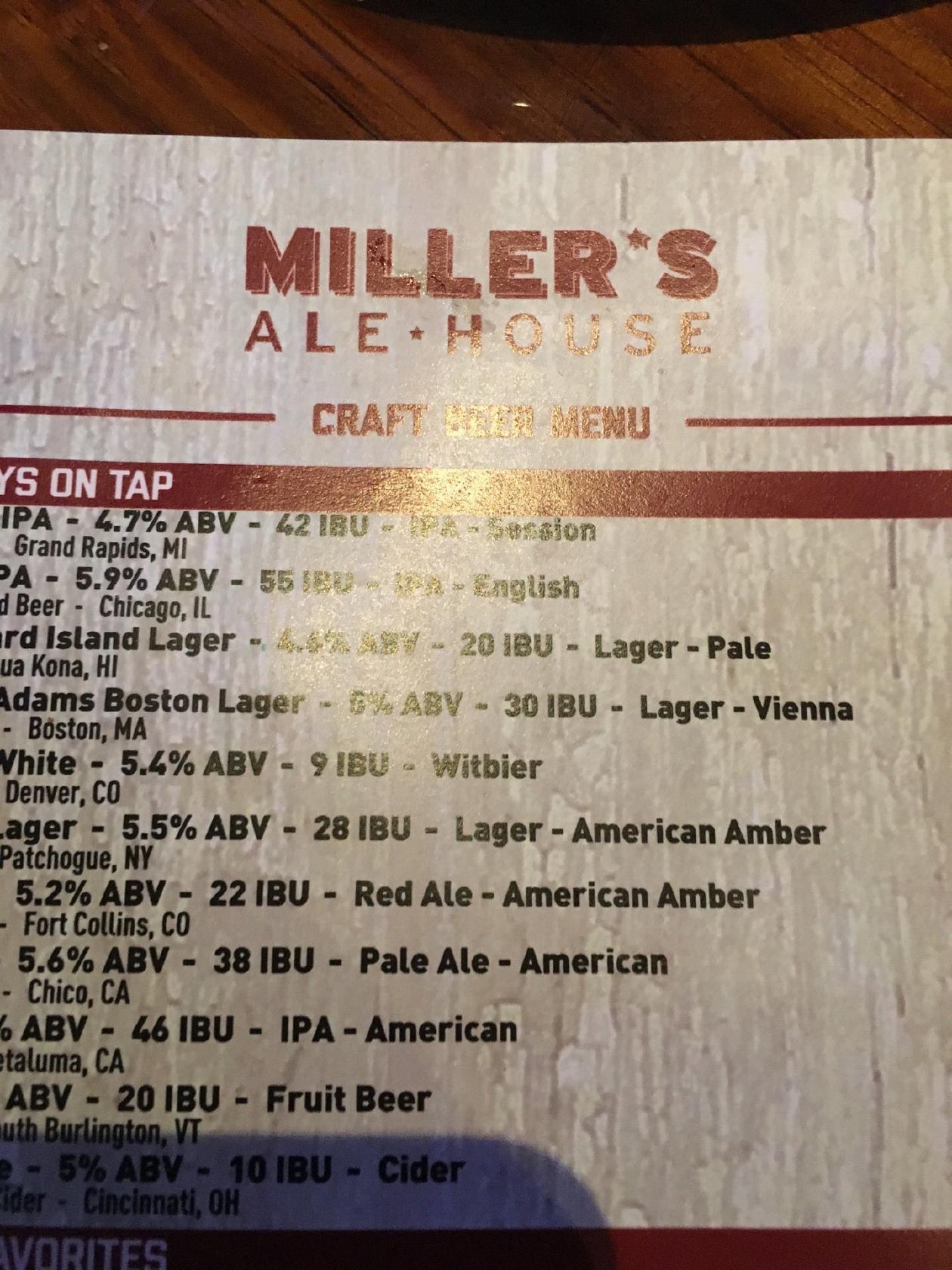 Menu at Miller's Ale House pub & bar, Aurora, 778 Illinois Rte 59