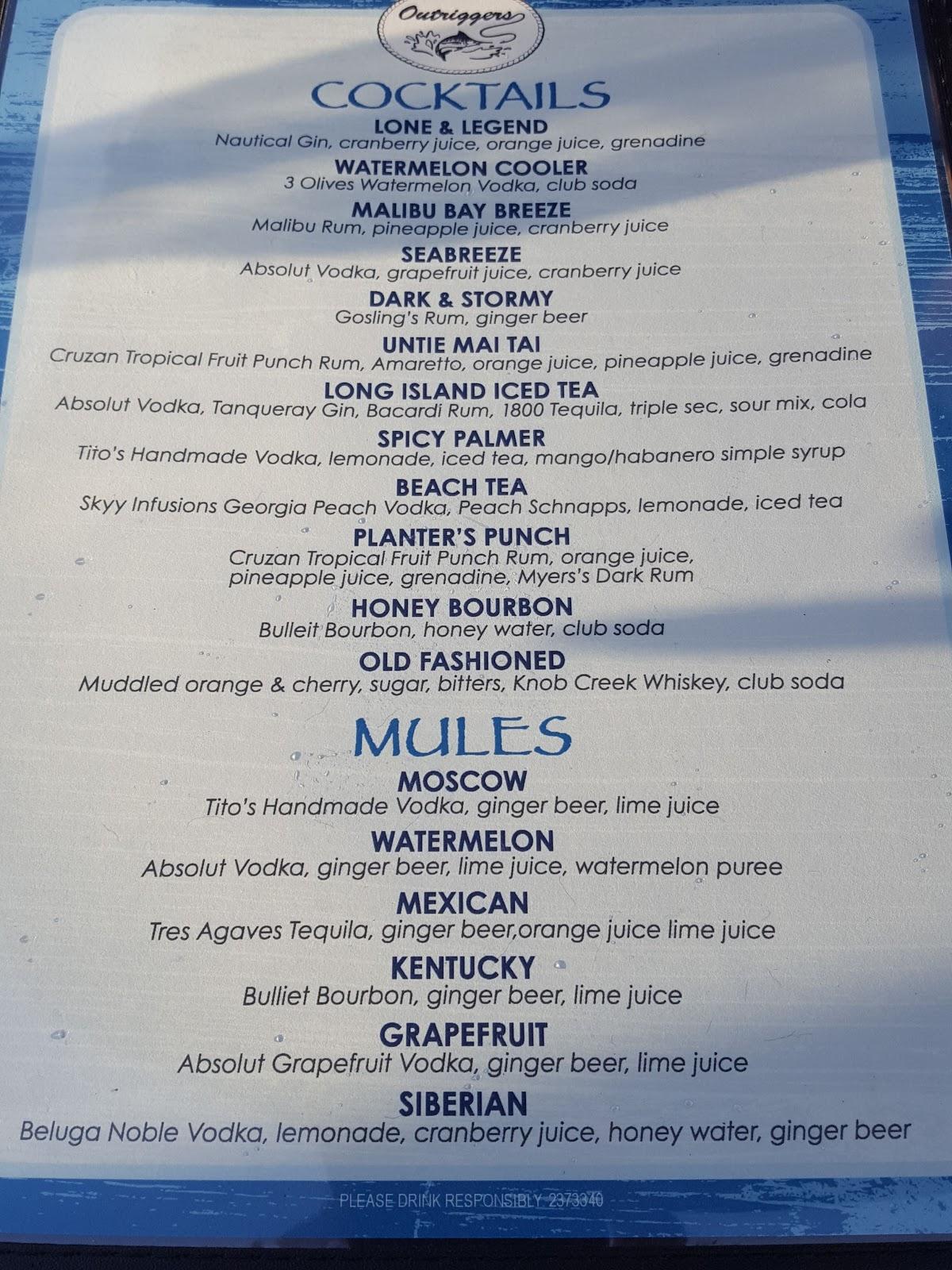 Menu at Outriggers Restaurant, Stratford