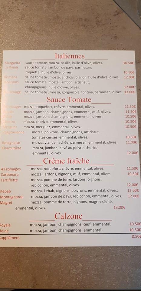 Menu au Pizzeria chez Théo, Bram