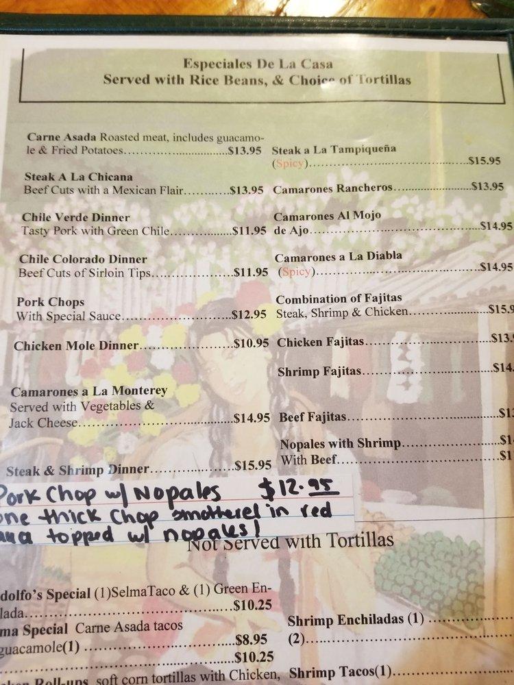 Menu at Rodolfo's restaurant, Selma