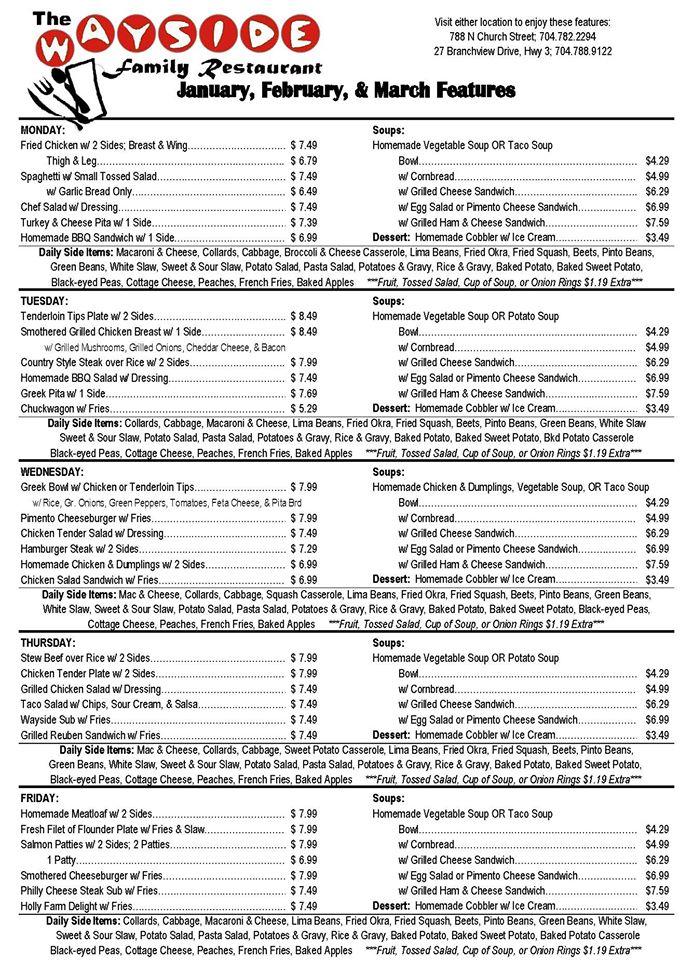 Menu at The Wayside Family Restaurant, Concord, 27 Branchview Street