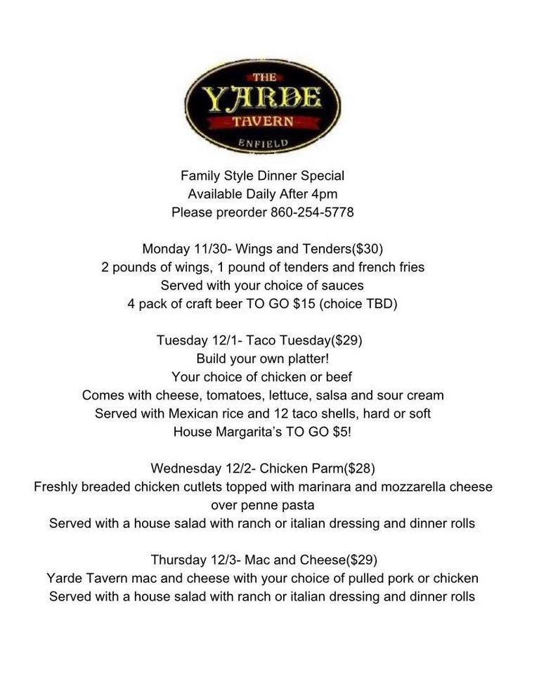 Menu at The Yarde Tavern pub & bar, Enfield