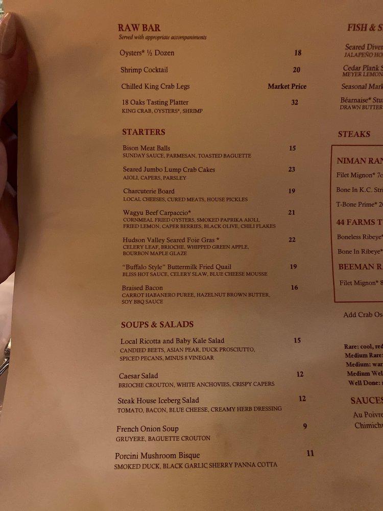 Menu at 18 Oaks steakhouse, San Antonio, Resort Pkwy