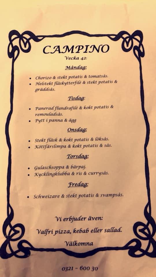 Menu at Campino restaurant, Sweden