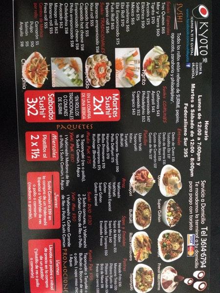Menu at KYOTO restaurant, Guadalajara