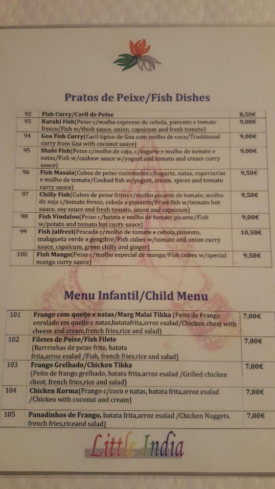 Menu at Little India restaurant, Nazaré