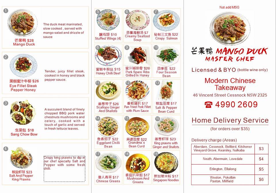 Carta del restaurante Mango Duck, Cessnock