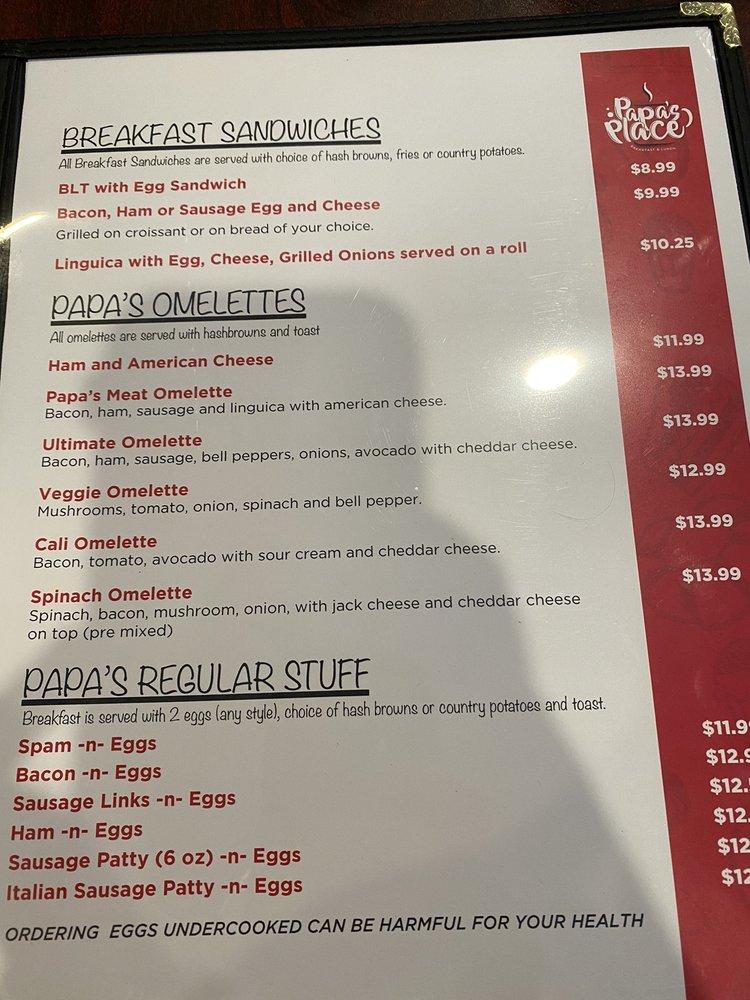 Menu at PAPA'S PLACE restaurant, Morgan Hill