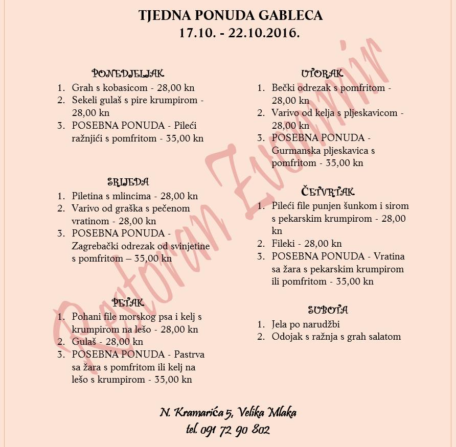 Menu at Restoran Zvonimir Velika Mlaka restaurant, Velika Mlaka