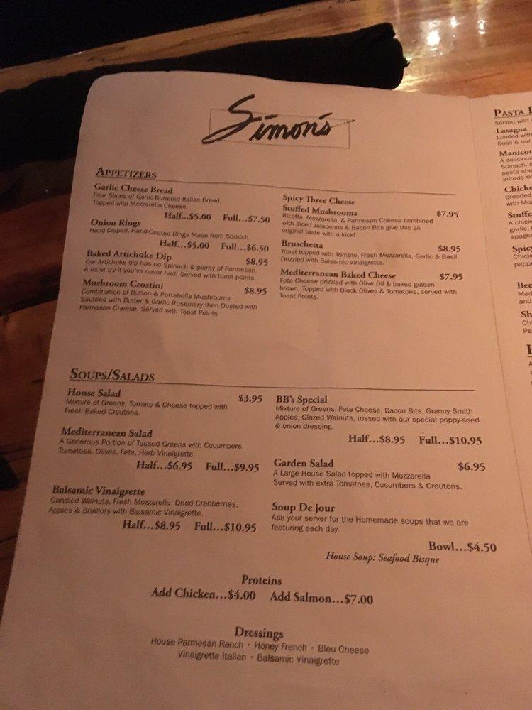 Menu at Simon's restaurant, Des Moines