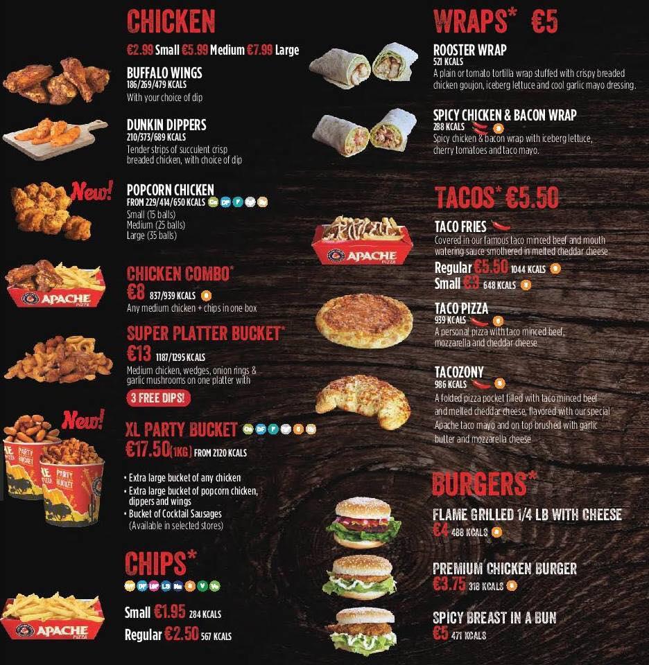 Carta de pizzería Apache Pizza Letterkenny, Letterkenny