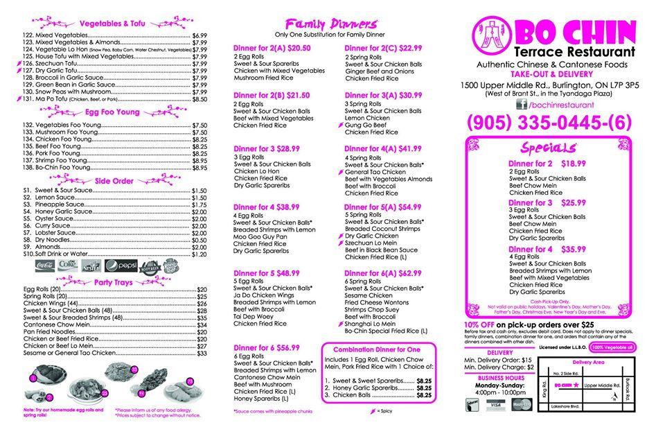 Menu at Bo Chin Chinese Food restaurant, Burlington