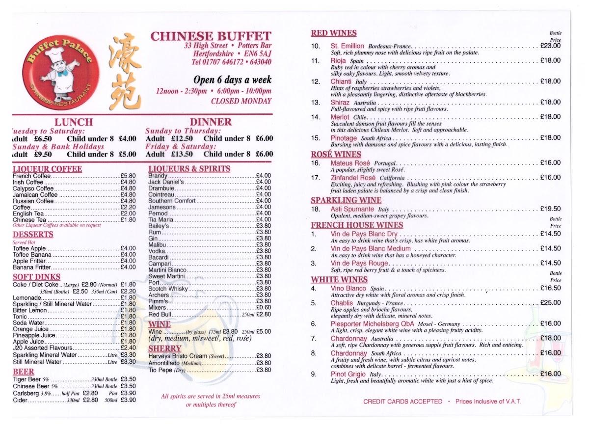 Menu at Buffett Palace restaurant, Potters Bar