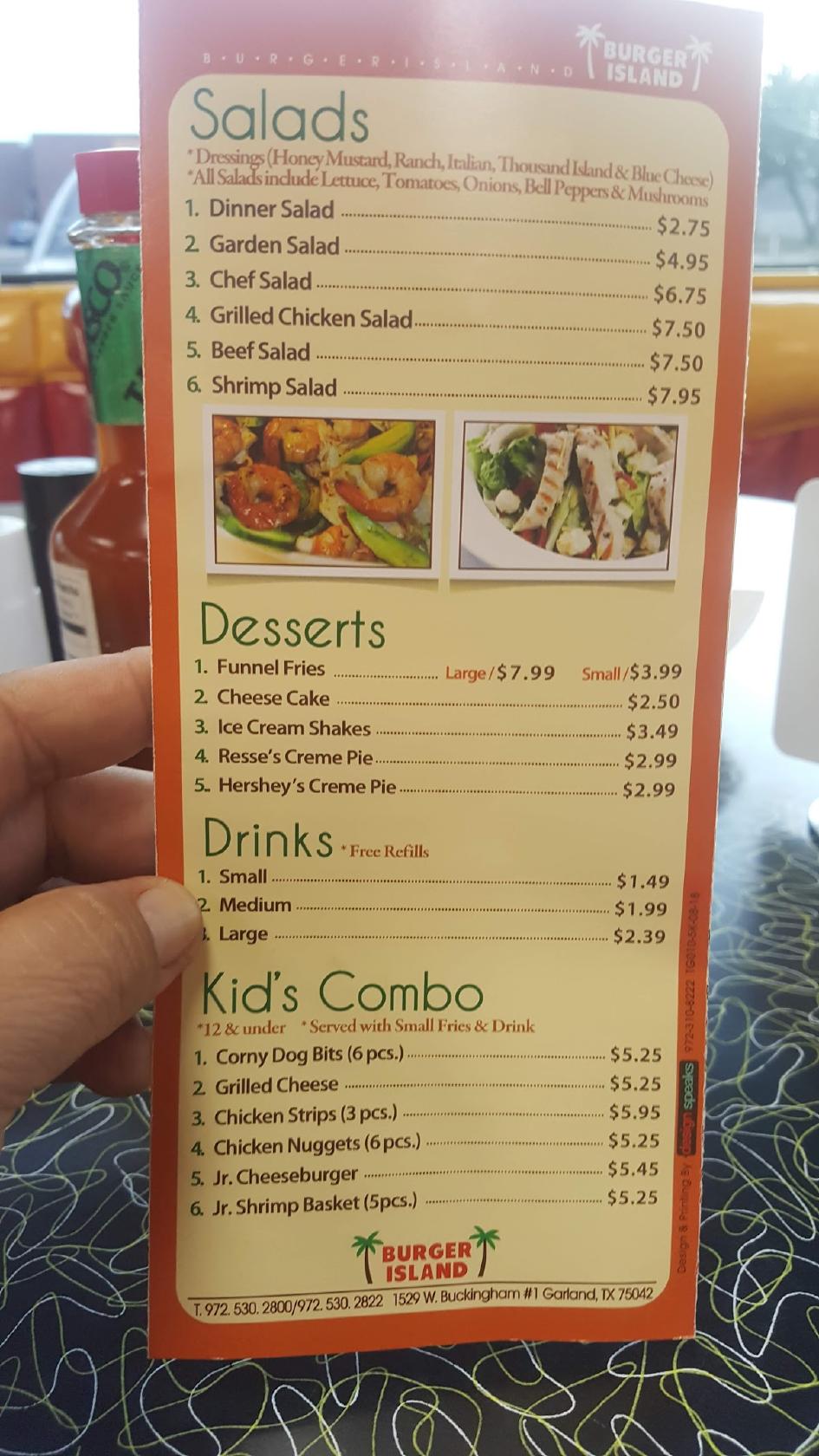 Menu at Burger Island restaurant, Garland, W Buckingham Rd
