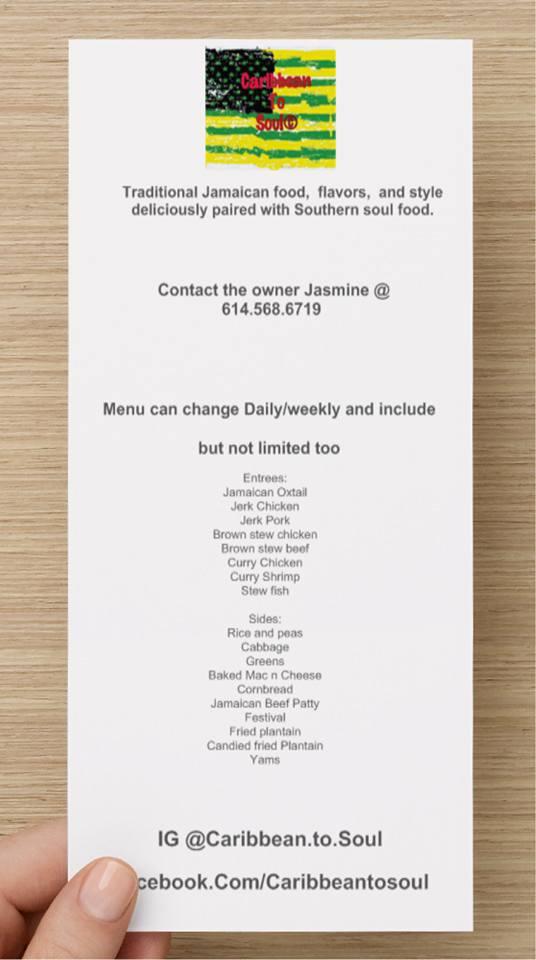 Menu at Caribbean To Soul restaurant, Winston-Salem
