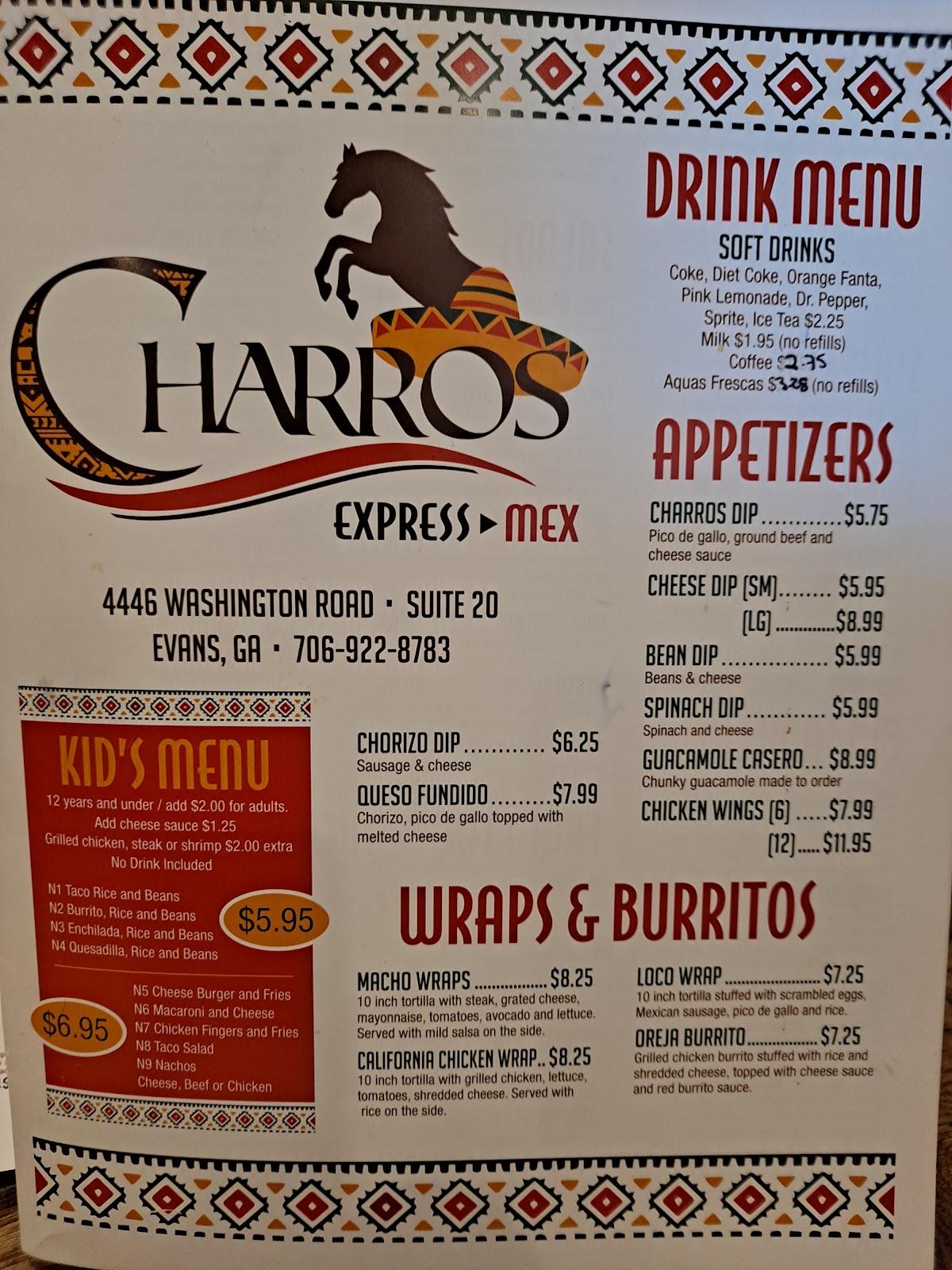 Menu at Charros Express Mex restaurant, Evans