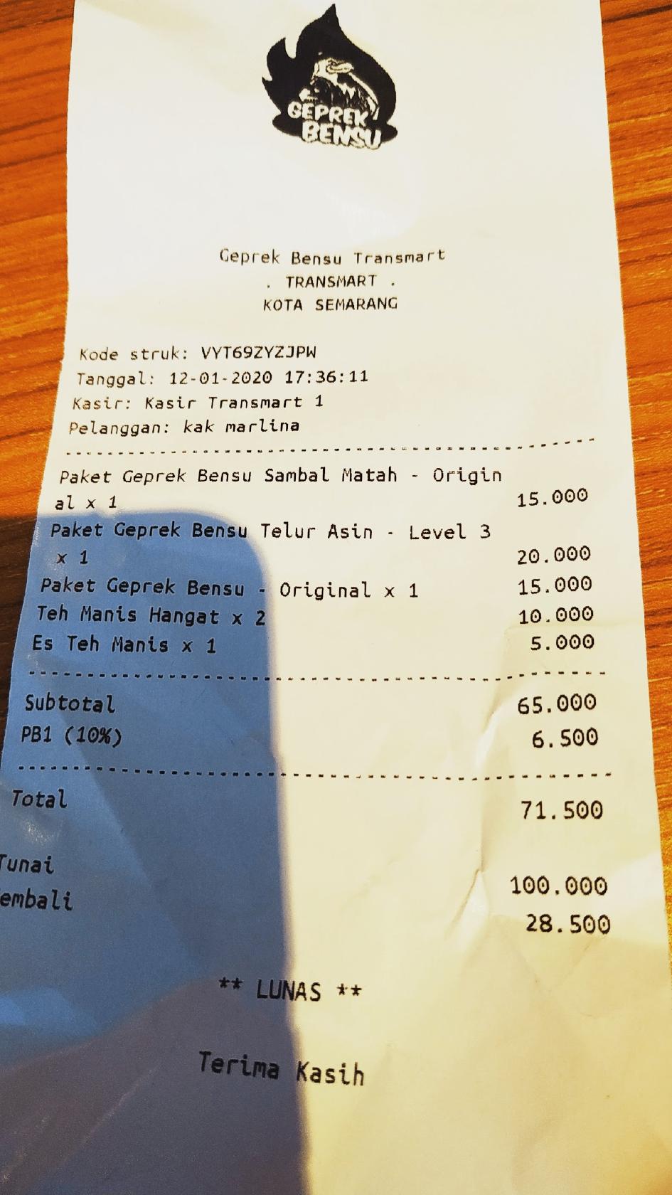Menu at Geprek Bensu - Transmart Majapahit restaurant, Semarang
