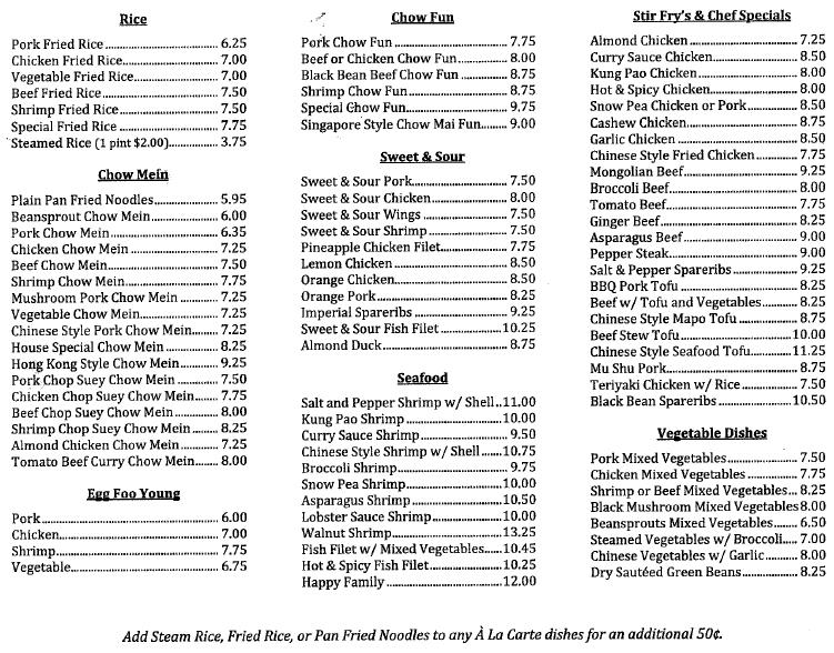 Menu at Hon's Chinese Food Restaurant, Fresno