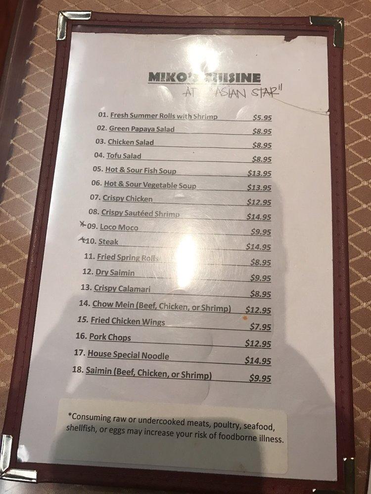 Menu at Miko’s Cuisine restaurant, Wailuku