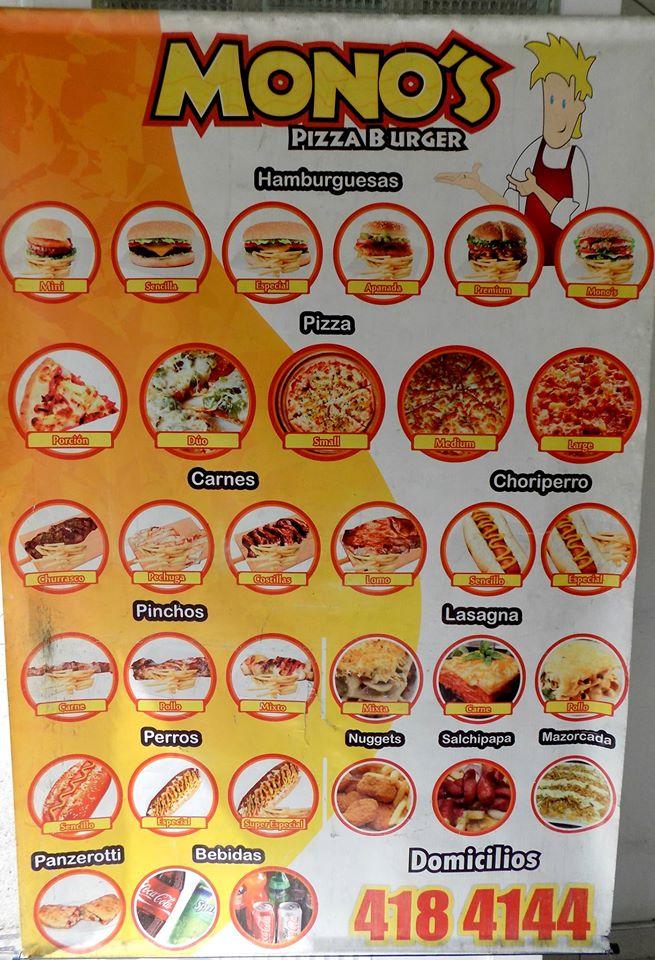 Menu at Restaurante Mono’s Pizza Burger, Bogotá