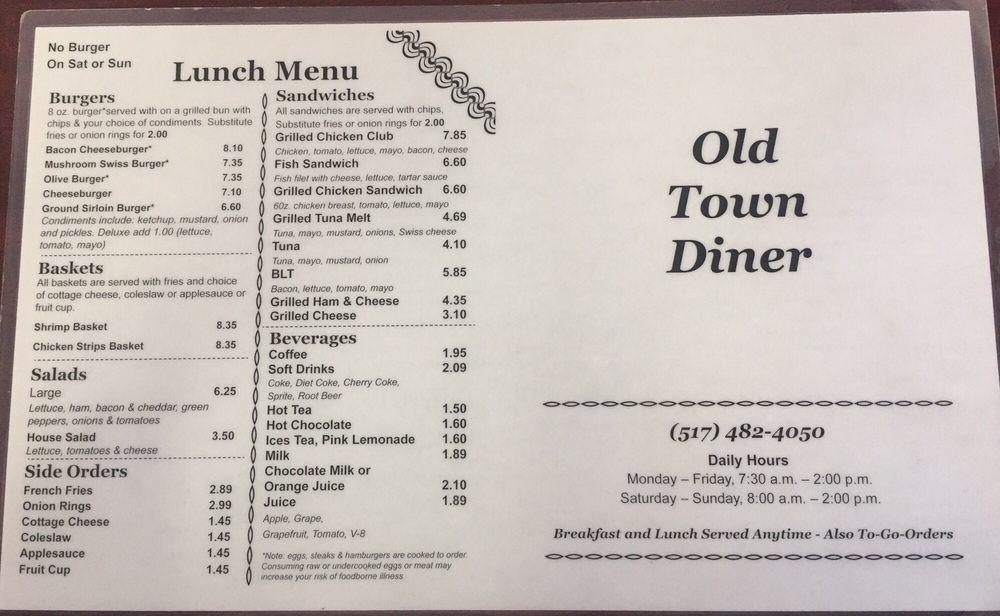 Menu at Old Town Diner cafe, Lansing