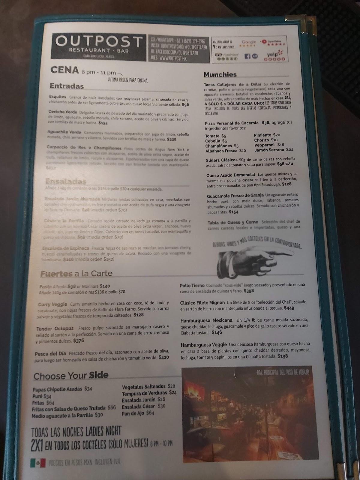 Menu at Outpost pub & bar, Cabo San Lucas