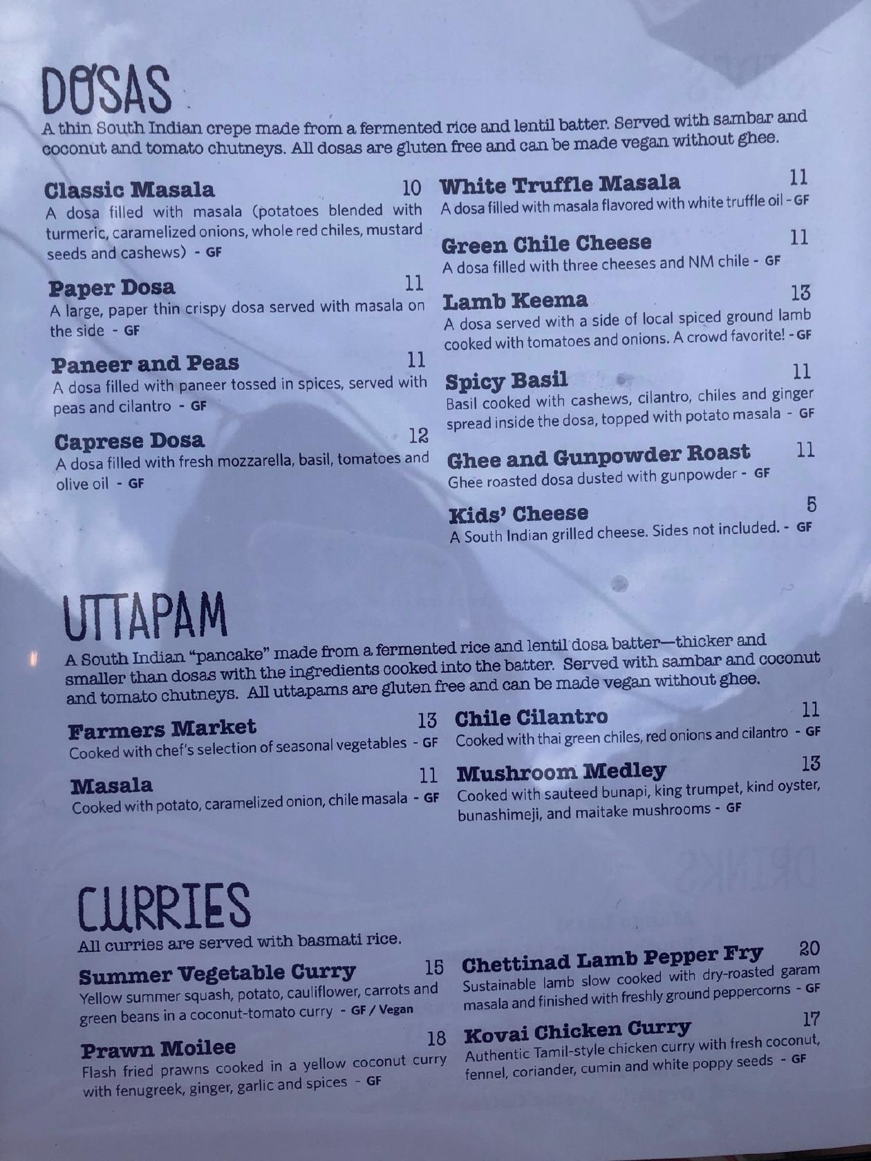 Menu at Paper Dosa restaurant, Santa Fe