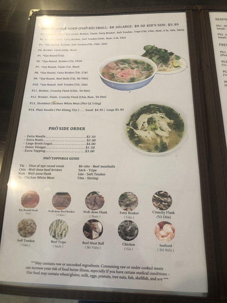 Menu at Phở Sài Gòn Ơi restaurant, Springfield